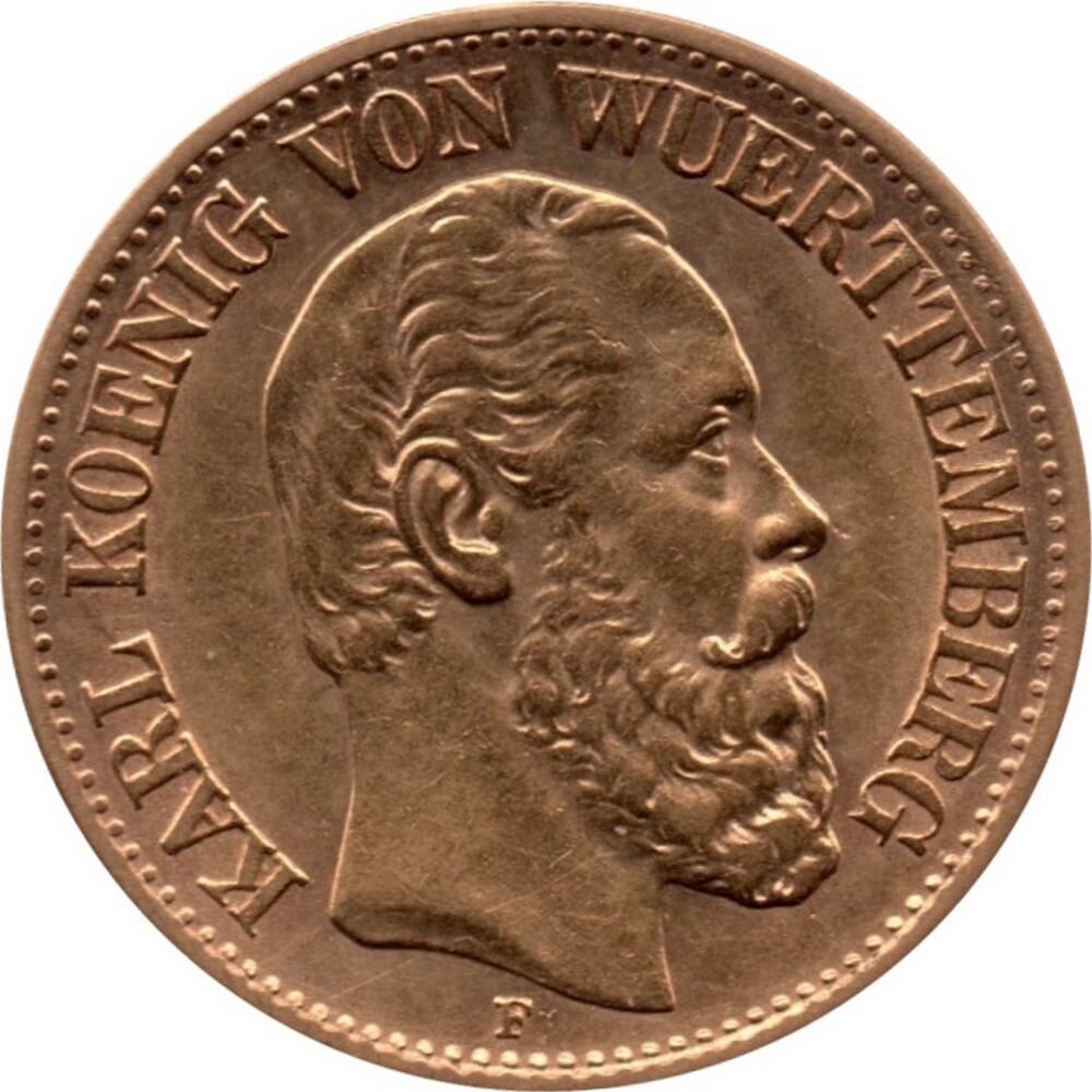 J.292 Württemberg 10 Mark 1874-1888 - König Karl - Gold -ss, 510,60