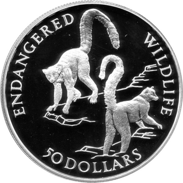 Cook Islands 50 Dollars 1992 - Bedrohte Tierwelt "Katta-Lemur" - Silb ...