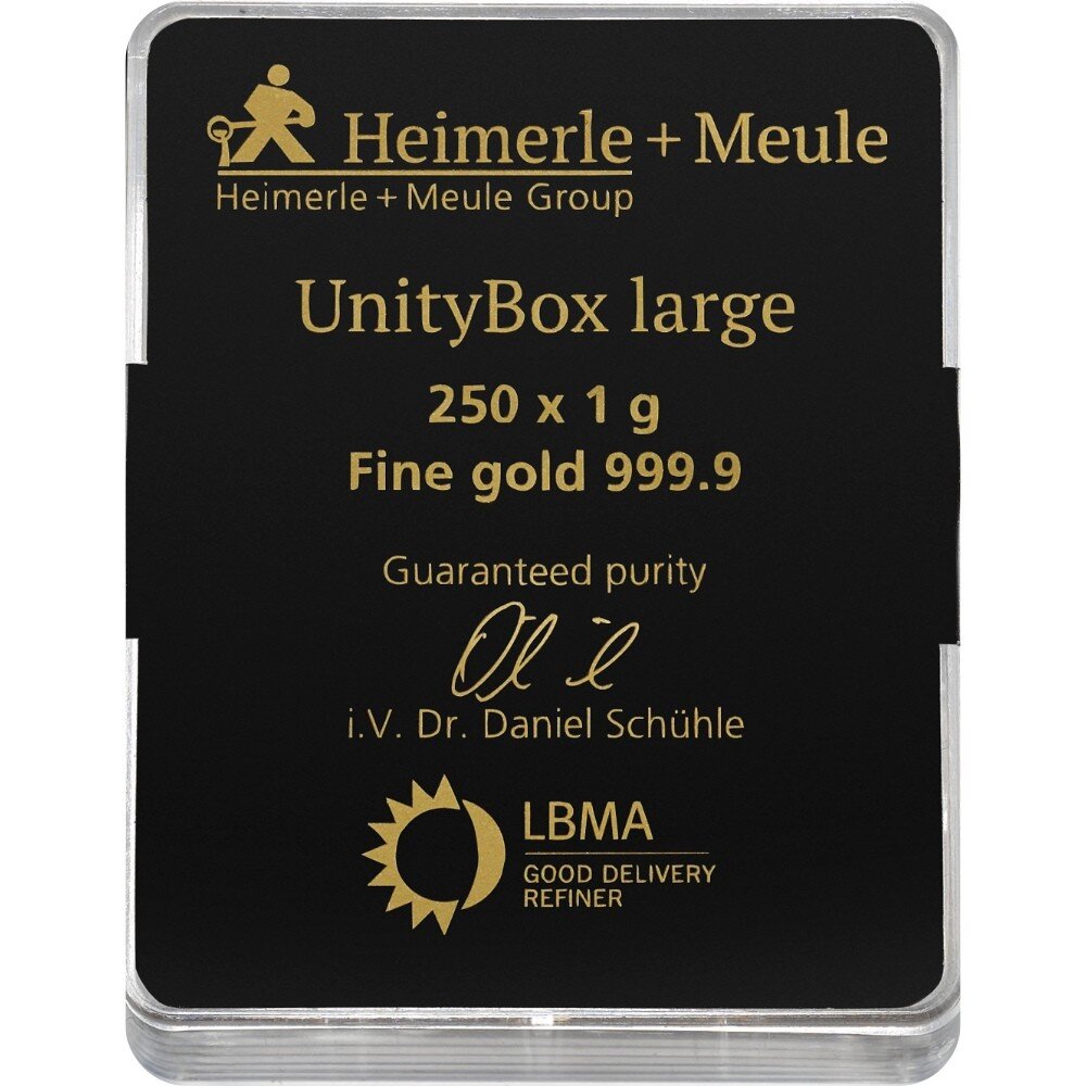 250 x 1 Gramm Goldbarren Heimerle & Meule UnityBox | Neuware LBMA, 32. ...